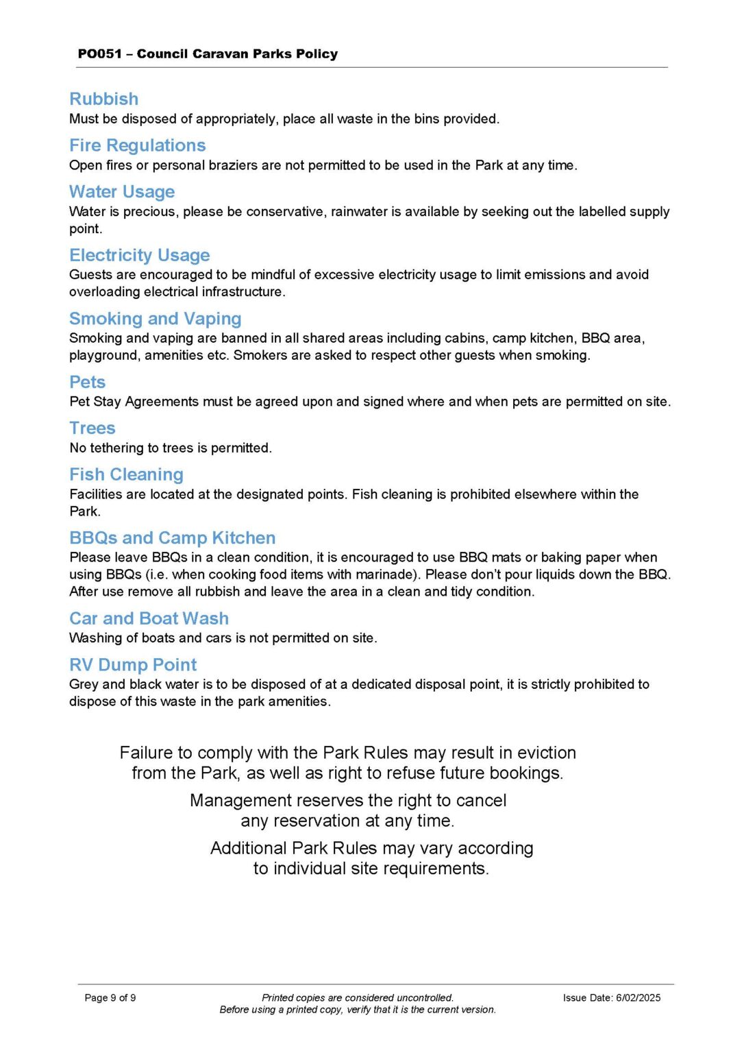 Park Rules - Black Point Caravan Park